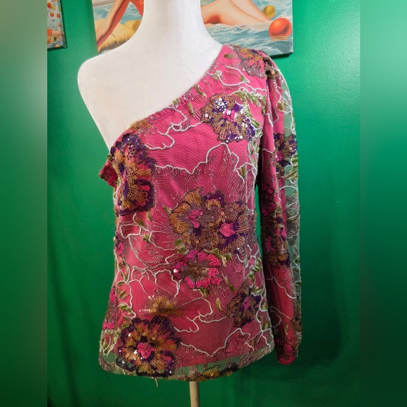 Boston Proper | Tops | Boston Proper One Shoulder Floral Sequin Mesh ...